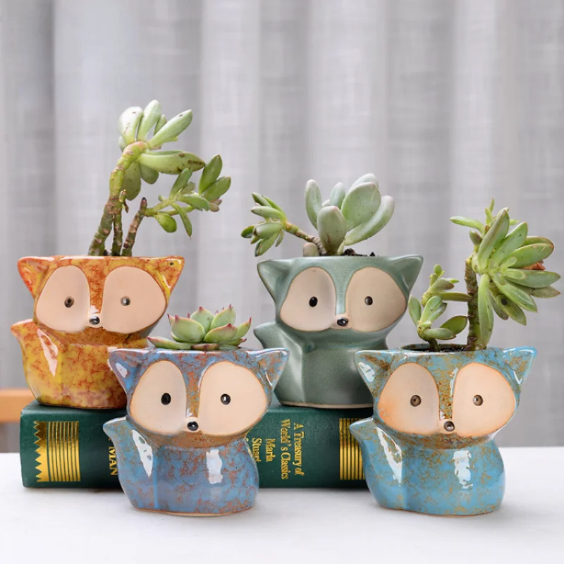Cartoon cute mini potted ceramic fox plant pots
